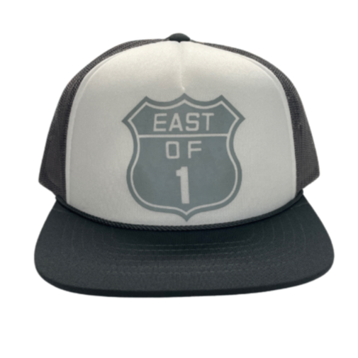 East of 1 - Trucker Hat - Grey & White – Spunkys Surf Shop LLC
